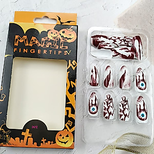 Day of the Dead Press on Nails Medium Length Halloween Fake Nails Almond False Nail with Design Halloween Horror Red Eyeball Artificial Nails Press On Full Cover Nail Tips 24Pcs