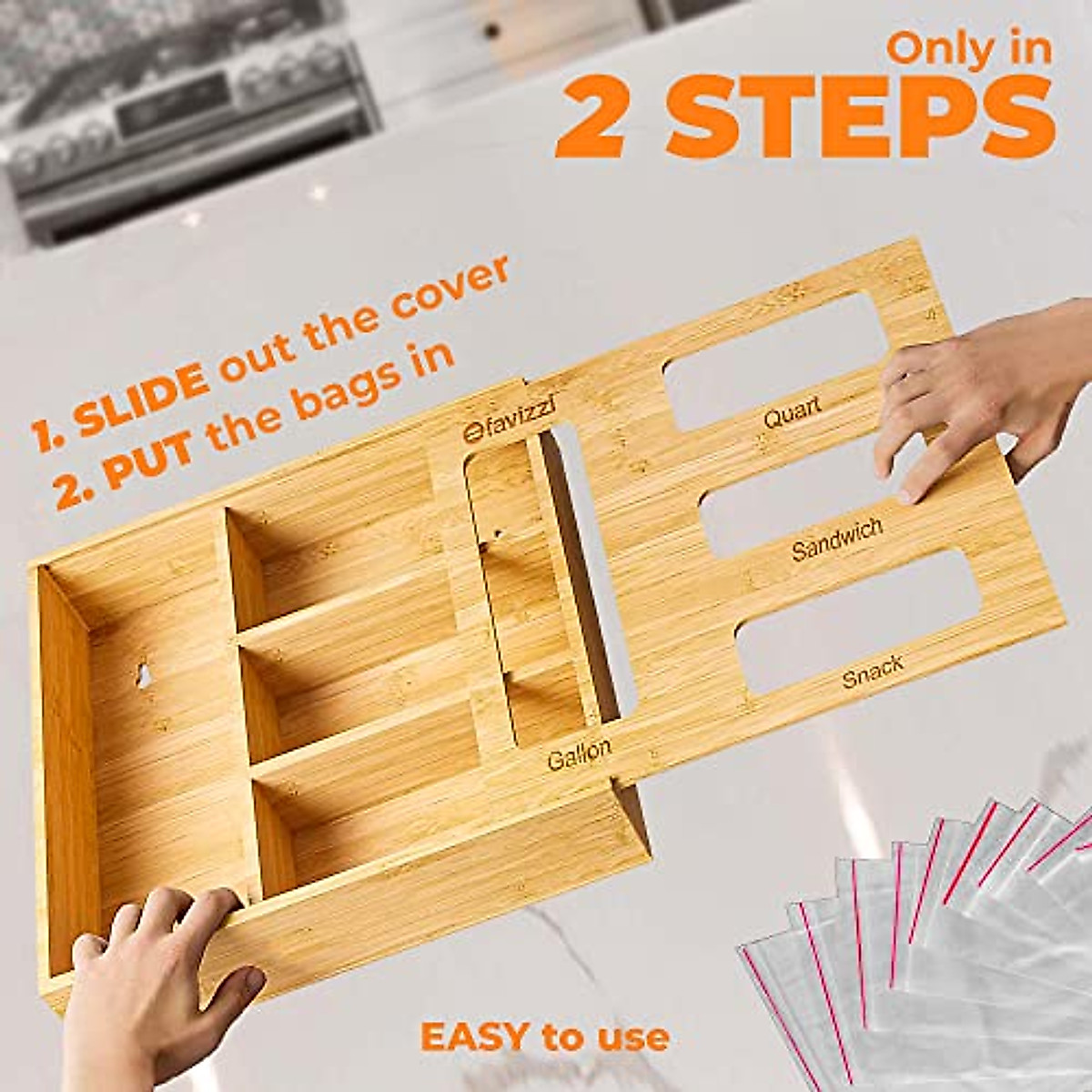 Favizzi Drawer Storage Organizer for Ziploc Bags, Premium Bamboo Kitchen Drawer Bags Organizer and Dispenser, Fits Gallon, Quart, Sandwich and Snack Bags