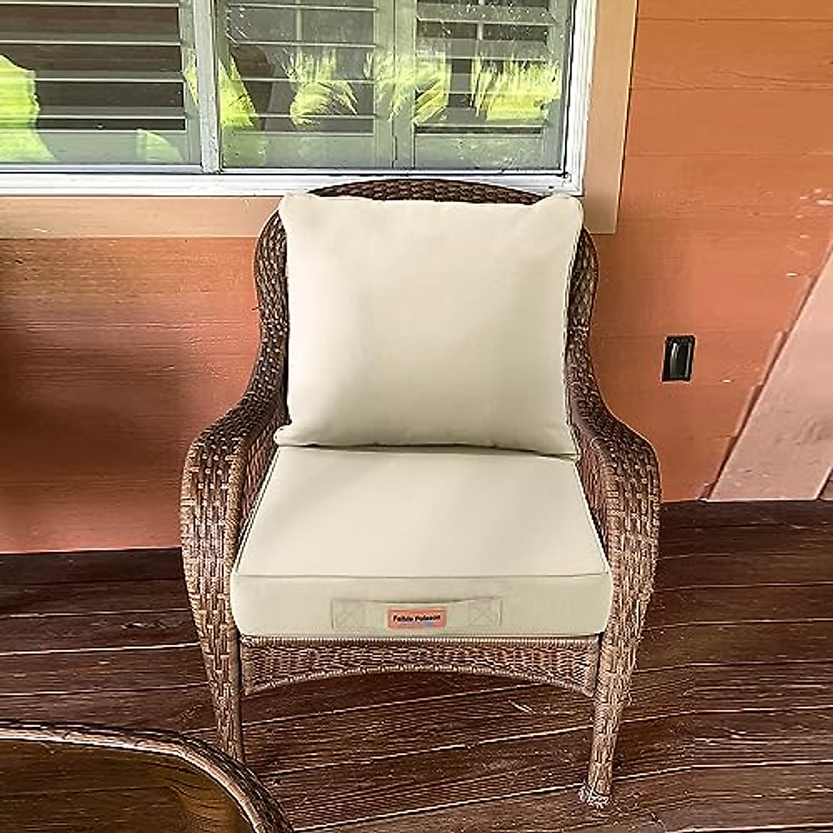 Faible Poisson Outdoor Chair Cushions, 18 x 18 Inch Waterproof Patio Furniture Back & Deep Seat Cushion Set with Handle and Anti-Slip Straps for Indoor Garden Camping, Plain Beige