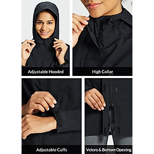 BALEAF Women's Rain Jacket Waterproof Lightweight Long Raincoat Travel Outdoor Hiking Hooded Windbreaker Black M