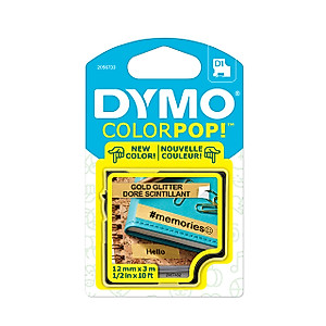 DYMO COLORPOP Authentic Label Maker Tape, 1/2" W x 10' L, Black Print on Gold Glitter, D1 Standard