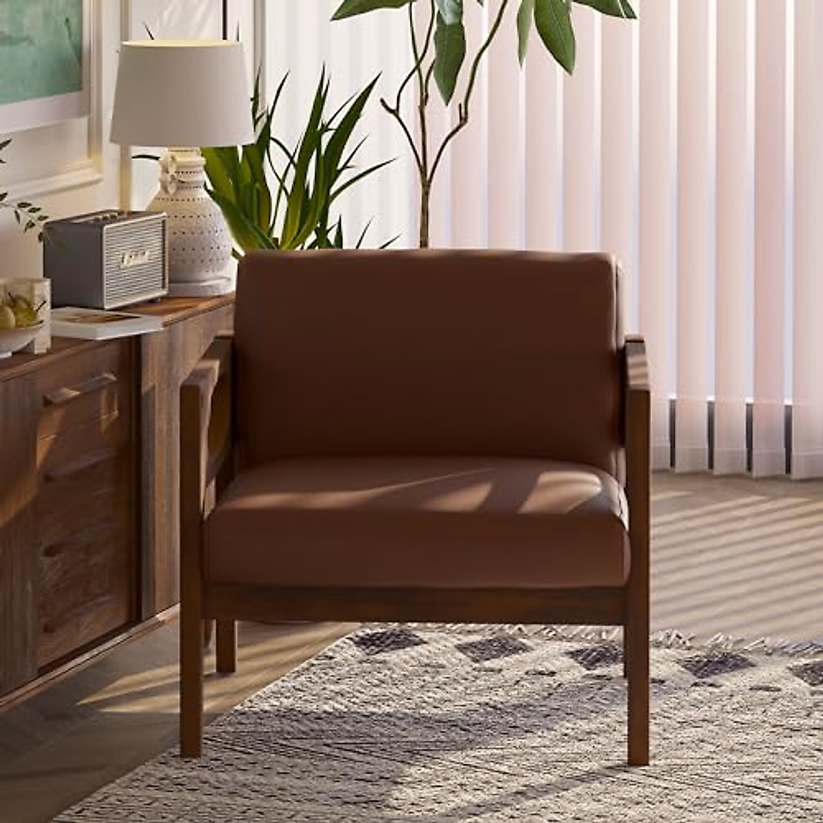BAOMKONG Accent Chair,Mid-Century Modern Chair with Solid Wood and PU Leather Upholstered,Armchair for Living Room, Bedroom, Lounge, Balcony (Brown)