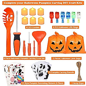 Pumpkin Carving Kit for Kids, 6 Halloween Pumpkin Carving Tools Set + 6 LED Candles + 6 LED Rings + 6 Pumpkin Stickers + 10 Carving Stencils + 2 Lawn Bags , DIY Jack-O-Lanterns Halloween Decorations