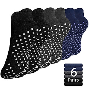 Chalier Fashion Non Slip Yoga Socks for Women 6 Pairs Ankle Low Cut Pilates Barre Socks with Grips, E-Black,Dark grey,Navy(6 Pairs)