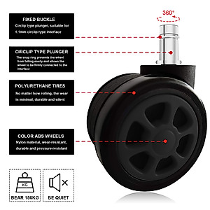 TIANSHU Office Chair Wheels,Universal Gaming Chair Casters Heavy Duty Office Chair Replacement Parts Rubber Desk Chair Caster Wheels for Wood & Hardwood Floors Set of 5, Black