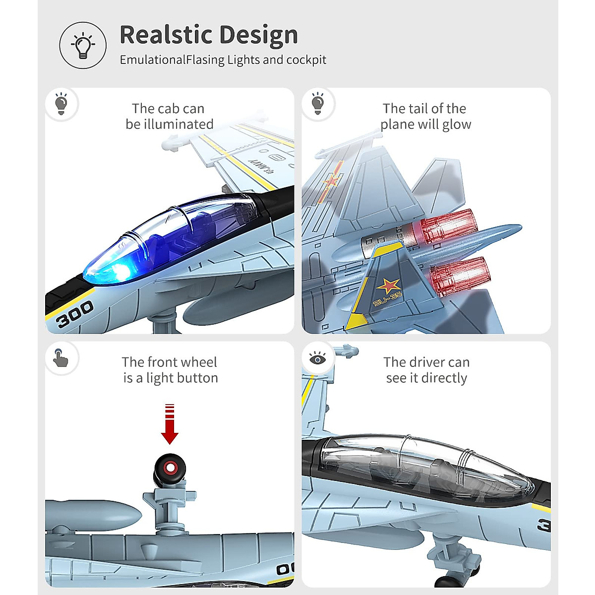 Geyiie Airplane Toy for Boys, Metal Plane Vehicle Playset, Mini Airplanes with Light, Pull Back Fighter Toy for Boys Girls Toddler Kids 3 4 5 6 Years Old