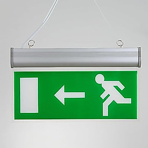 Safety Evacuation Indicator ， Emergency Exit Sign,with Hanging Rings and Build in 800mAh Battery Backup, 14.2'' X 7.9'', Left/Right Legends Optional, for Hotel, Office, Supermarket, Hospital(Left)