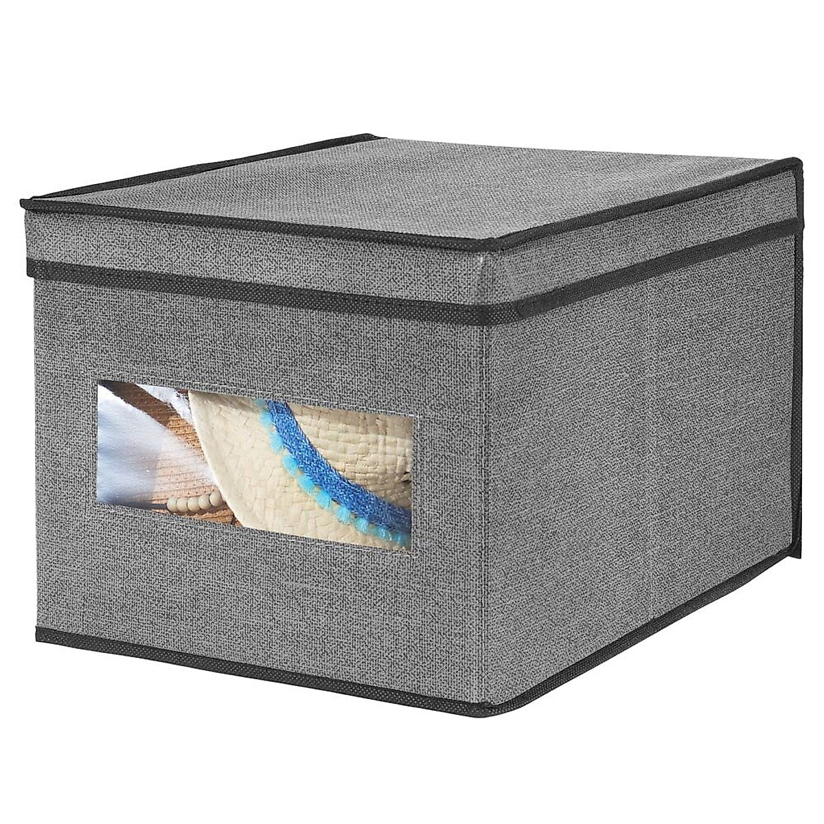 mDesign Large Fabric Stackable Closet Organizer Box with Clear Window/Lid for Bedroom, Office, Bathroom, Mudroom Organization - Shoe, Sweater, Clothes Storage, Lido Collection, 2 Pack, Dark Gray/Black