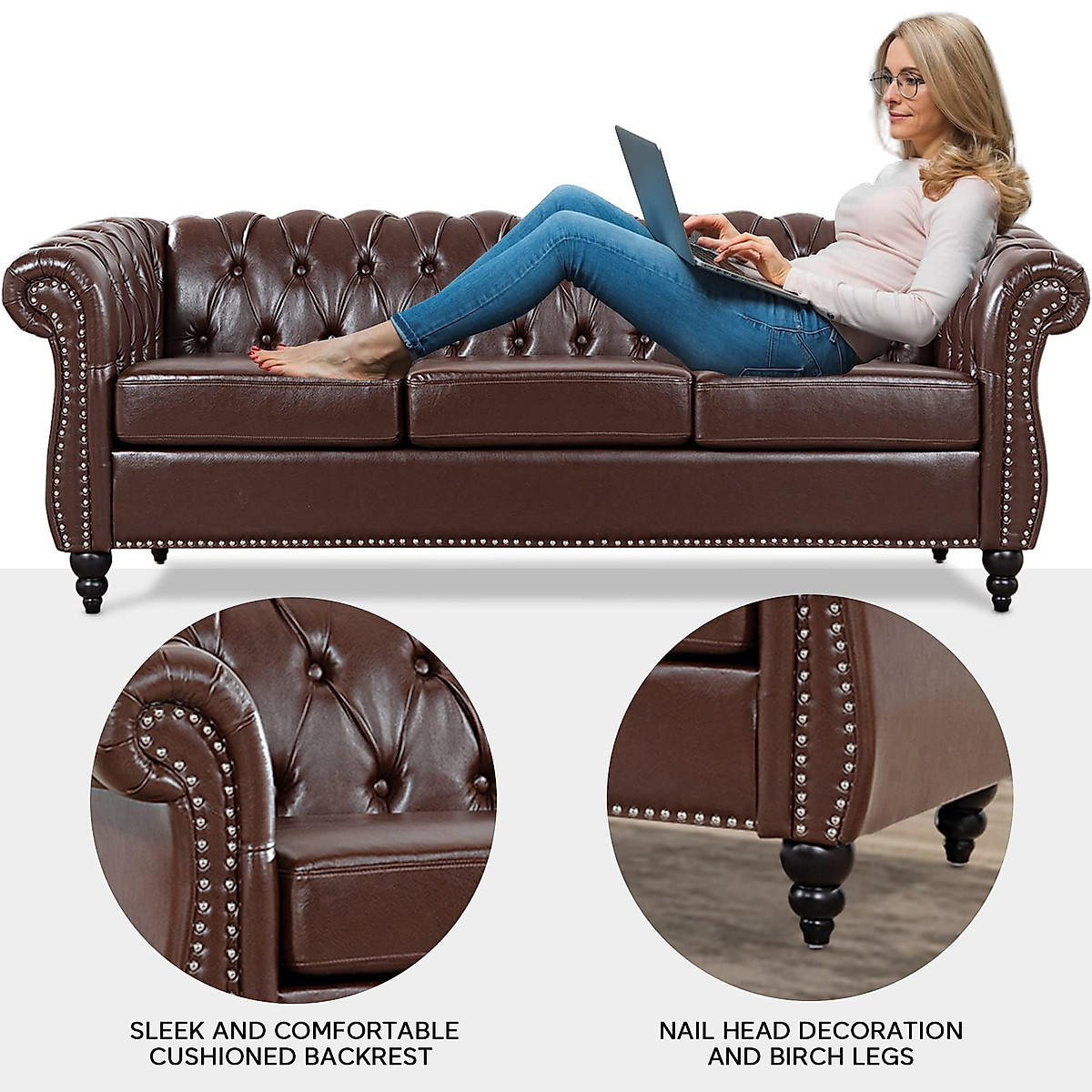 TINGMAMADEHUA Dark Brown Faux Leather 3-Seater Couch, 84in Sofas for Living Room, Bedroom, Office, with Rolled Arm, Deep Seating and Buttoned Classic Chesterfield Sofa