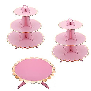 Set of 3 Party Cake and Cupcake Stand Tray, 3-Tiered Cardboard Pink Cupcake Stand,Disposable Cupcake Stands Easy Assemble Dessert Holder fit for Party, Wedding, Afternoon Tea, Birthday