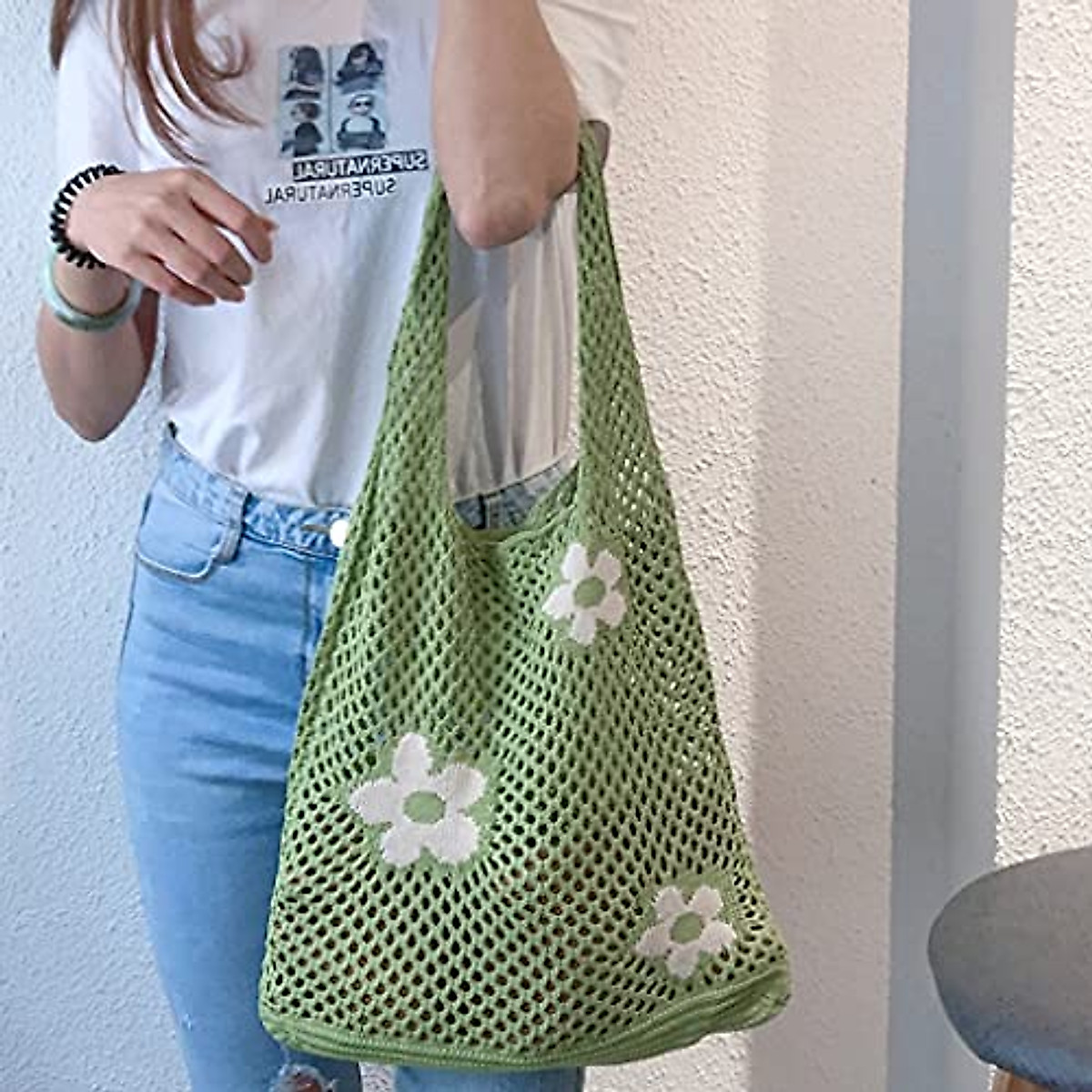 ergou Flower Crochet Tote Bag, Woven Beach Totes Bags for Women, Simple Knitting Hollow Out Shoulder Beach Bag Casual Laziness-Style Handmade Weaving Large capacity Handbag (Green)