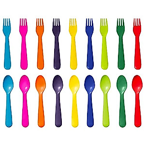 PLASKIDY Toddler Utensils Set of 18 Plastic Kids Utensils Forks and Spoons - BPA FREE/Dishwasher Safe Toddler Silverware Set Brightly Colored Children's Safe Flatware Cutlery Set