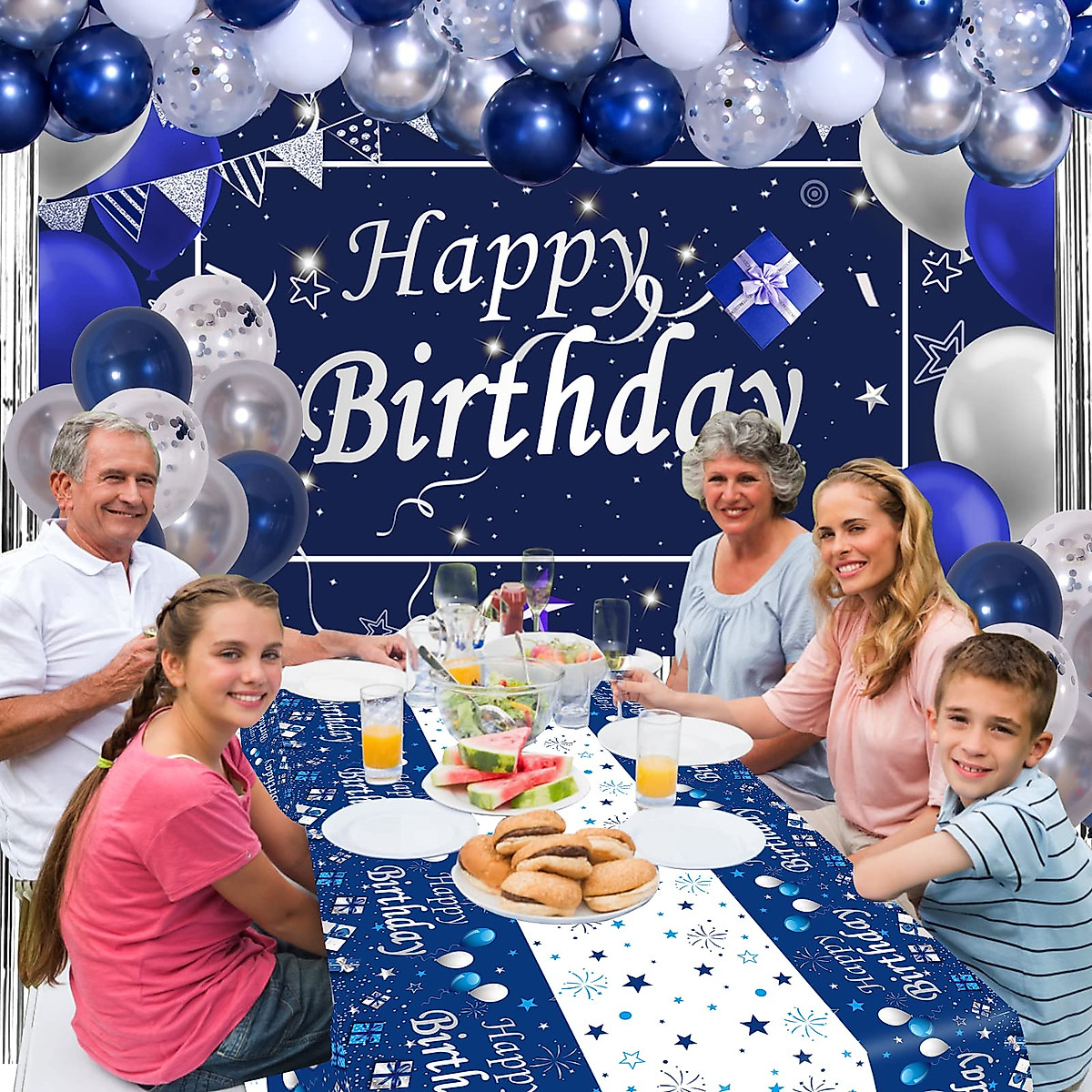 Blue Birthday Decorations for Men, Happy Birthday Decorations for Men Women Boy Party Decoration Backdrop & Tablecloth Balloons Arch Kit Blue Silver Confetti Balloons Foil Fringe Curtains Table Cover