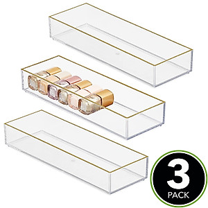 mDesign Slim Plastic Drawer Organizer, Storage Container for Cosmetics, Makeup, and Accessories on Bathroom Vanity, Countertop, or Cabinet - Lumiere Collection - 3 Pack - Clear/Soft Brass