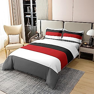 Erosebridal 100% Natural Cotton Red Black Stripes Twin Comforter Cover,Patchwork Geometric Striped Bedding Set White Grey Geometry Lines Duvet Cover Farmhouse Soft Breathable Cozy Room Decor