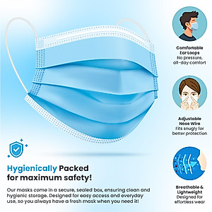 PURE GEM [Pack of 100] Single Use Disposable Blue Face Mask, Soft on Skin, Pack of 3-Ply Masks Facial Cover with Elastic Earloops Great For Home, Office, School, and Outdoors