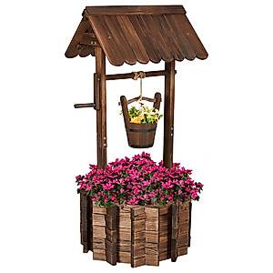 AMERLIFE Wooden Wishing Well - Height Adjustable Hanging Bucket, Wishing Well Planter with Reinforced Rod Outdoor Home Decor, Flower Planter for Front Yard Ornaments