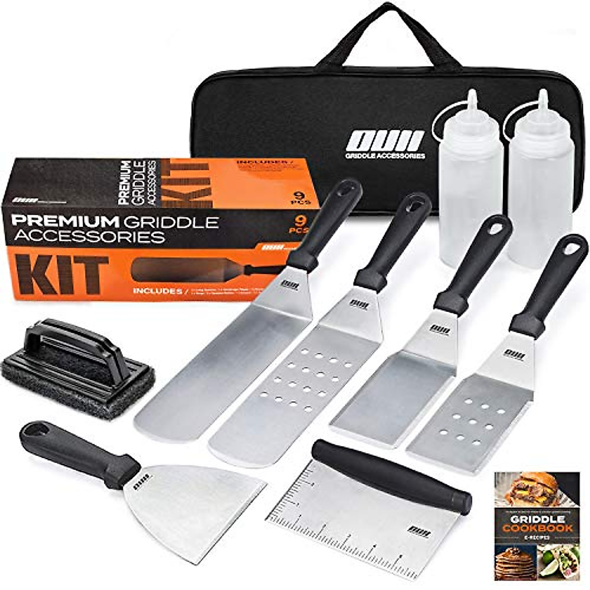 OUII Flat Top Griddle Accessories Set for Blackstone and Camp Chef Griddle - 9 Pieces Set with Griddle Cleaning Kit and Carry Bag! Metal Spatula, Scraper for Hibachi Grill and Teppanyaki Grill