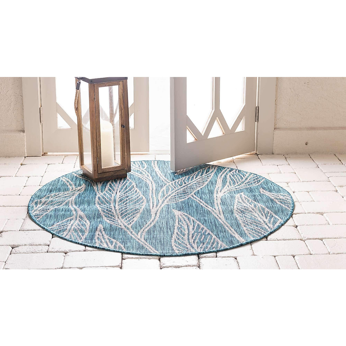 Unique Loom Outdoor Botanical Collection Area Rug - Leaf (4' 1" Round, Teal/ Ivory)