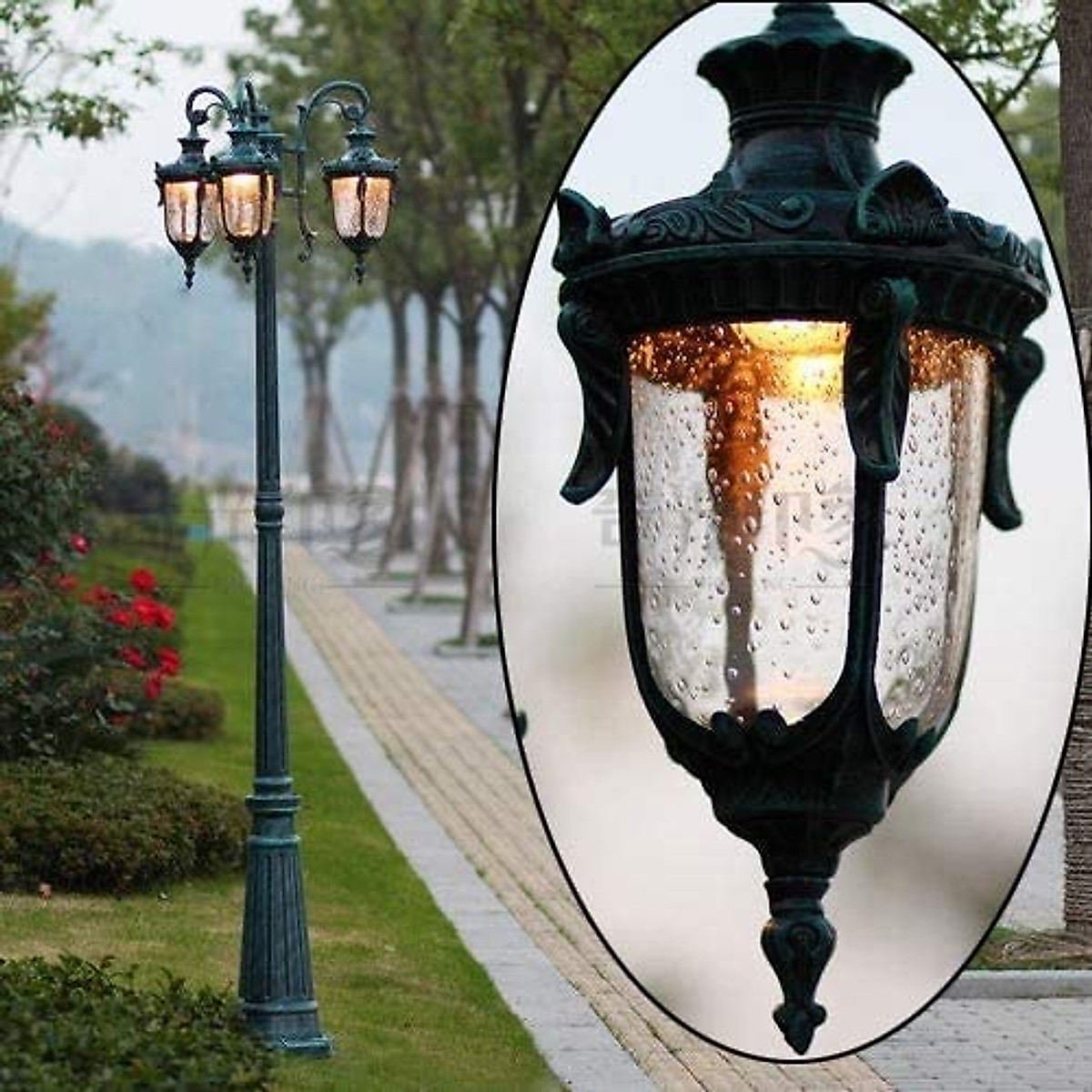 MODEBHD 205cm 3-Head Outdoor Waterproof Table Lamp Post Light Column Lamp European Fence Door Villa Glass Aluminum Lantern E27 Decoration Street Light Landscape High Pole Floor Lamps