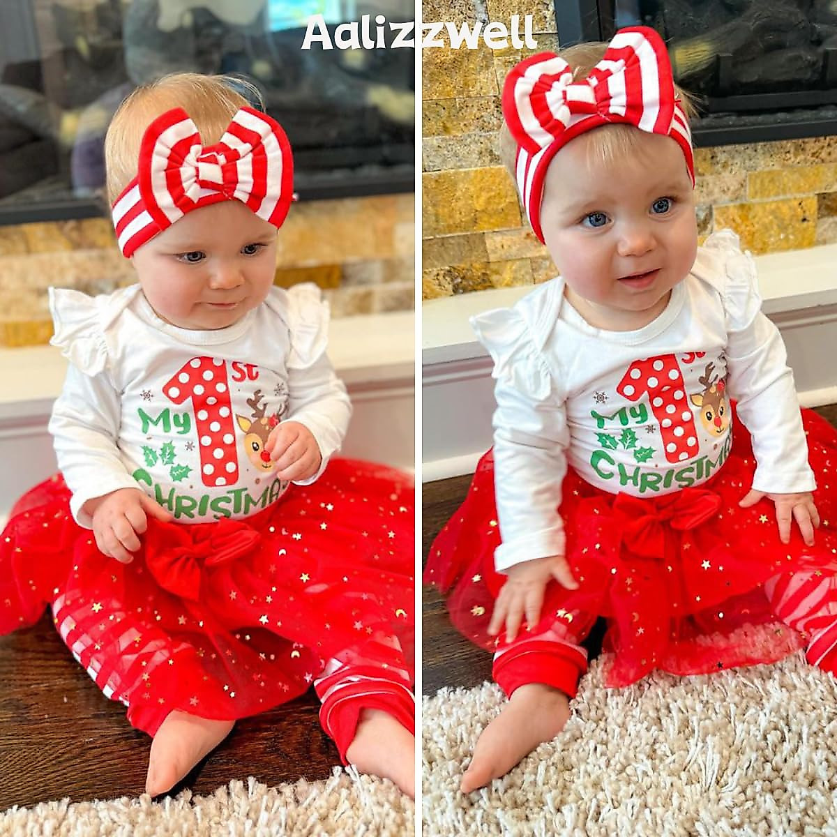 Aalizzwell 3-6 Months Baby Girls Christmas Clothes Infant My 1st Xmas Tulle Skirt Buffalo Plaid Outfit with Leg Warmers Clothing Deer Elk