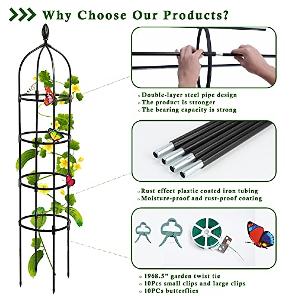 WellSign Obelisk Trellis for Climbing Plants Outdoor 6ft, Garden Tower Trellis for Potted Plants Indoor with Twist Tie, Clips and Butterflies Rustproof Coated Metal Support for Vines Rose 2Pack