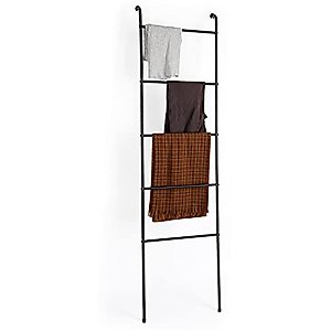 Towel Blanket Ladder Black Metal Blanket Ladder Holder Industrial 5 Tier Wall Leaning Ladder Rack for Bathroom Living Room Laundry Room (Matte Black)