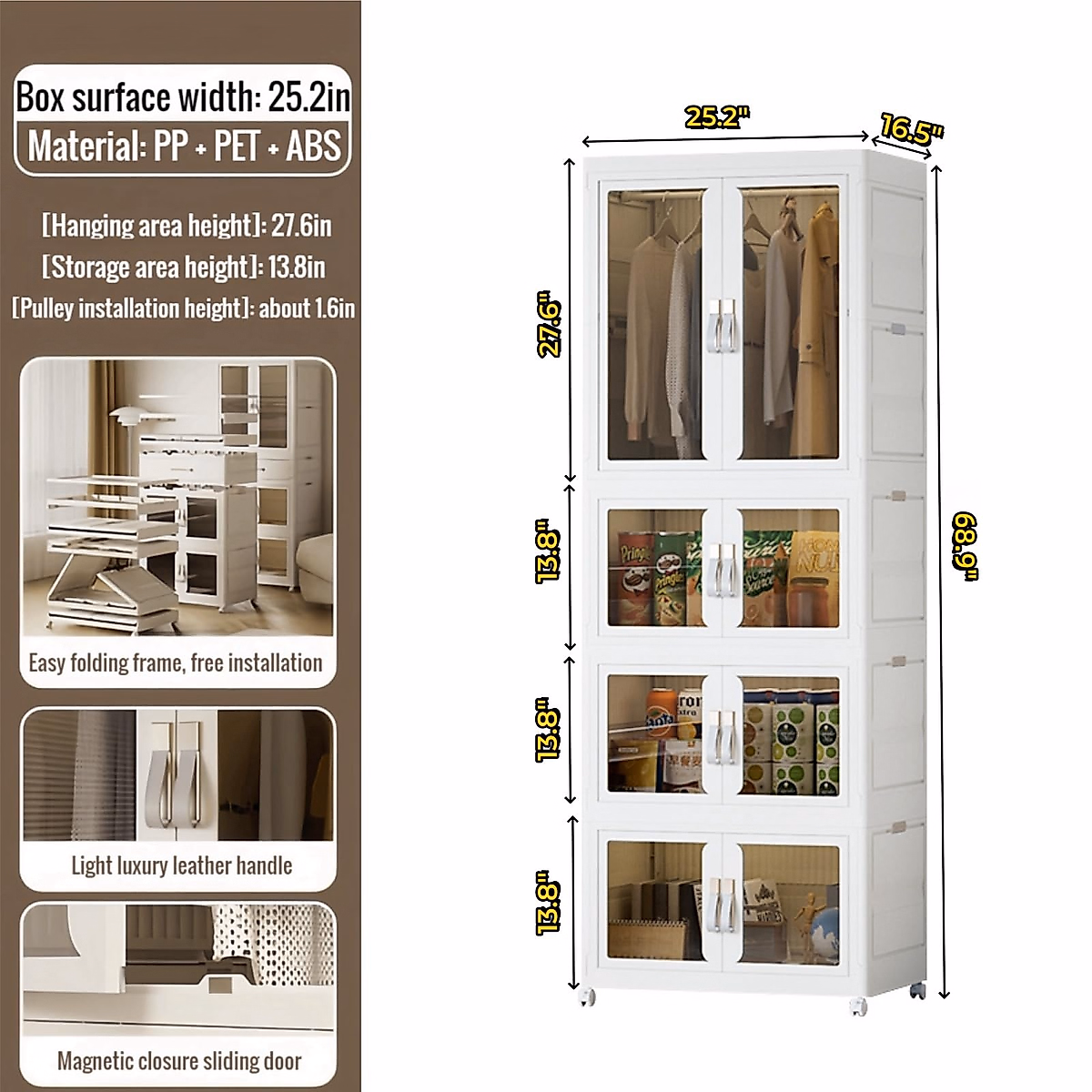 JH Spracely 470L Storage Bins with Lid,Stackable Storage Bins,4-Pack Stackable Storage bin for Closet, Collapsible Closet Organizer with Wheels,Easy to Clean&Assemble