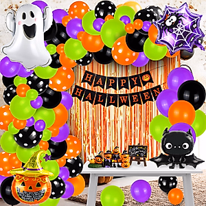 Halloween Foil Balloons Set, 5/10/12/18 Inches Full Set Halloween Balloons Decoration Spider Web Banner Black Purple Orange Green Pumpkin Ghost Bat Balloons for Halloween Home Decor