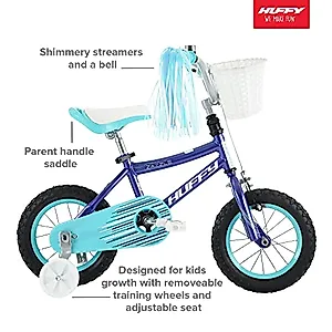 Huffy Zazzle 12” Girl’s Bike with Basket and Streamers, Bell, Training Wheels, Purple