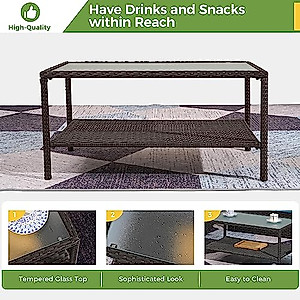 Kiss the Water Outdoor Patio Furniture Sets, 7 Pieces Outdoor Sectional Rattan Sofa Set, Brown PE Wicker Patio Conversation Sets with 10 PCS Lake Blue Washable Cushion and Tempered Glass Table