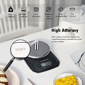 NUTRI FIT Digital Food Scale Small Kitchen Scales Weight in Grams and OZ for Cooking Baking Weight Loss, Stainless Steel Tare & Backlit LCD Display, Black