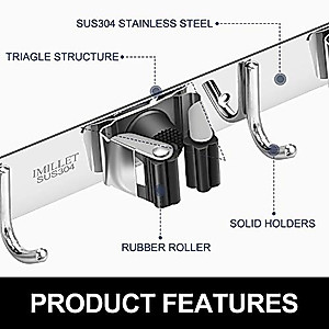 IMILLET Broom and Mop Holder Wall Mounted, Stainless Steel Broom Holder Mop Holder Self Adhesive Heavy Duty Hooks Storage Organizer for Home Laundry Room Garden Garage（3 Racks with 4 Hooks）
