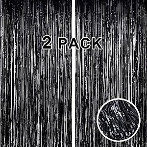 Black Backdrop Curtain for Party Supplies - 6.5x8.2ft, Pack of 2 | LILF Black Tinsel Foil Fringe Curtain Streamers for Birthday Party Halloween Graduation Decoration Black Photo Booth Backdrop Props