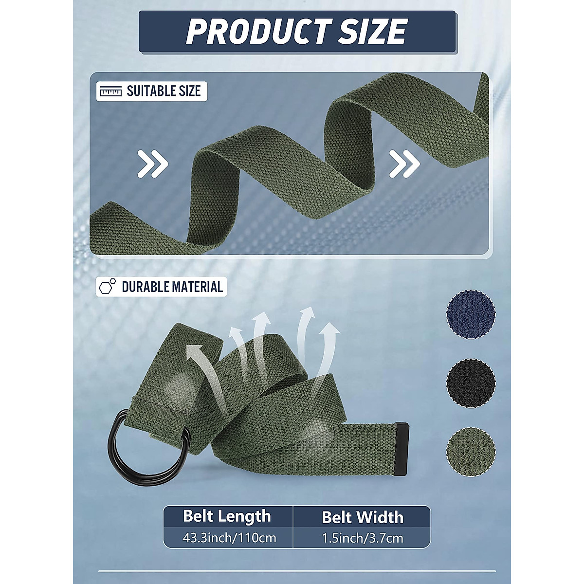 Funtery 3 Pieces Men Canvas Belt with Metal Double D Ring Buckle Military Style Casual Belts Fabric Canvas Waist Belts Closure Canvas Cloth Belts for Men and Women (Army Green, Black, Dark Blue)