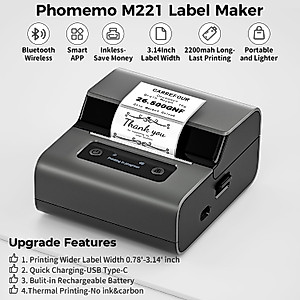 Phomemo M221 Label Maker-Flagship’s Advanced 3Inch Bluetooth Thermal Label Printer, Print Clearer & Sharper, for Address, Barcode, Ingredient,Crafts, Label Printer for Small Business, for Phone & PC