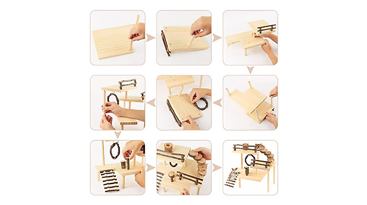 HOSUKKO 3-Tier Hamster Playground | Natural Wood Toy