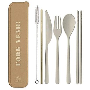Designworks Ink Reusable Cutlery Set Utensils for Lunch Box, 7-Piece, Ochre - Fork Yeah! Includes Plastic Flatware with Forks, Spoon, Knife, Chopsticks, Metal Straw in Portable Travel Case