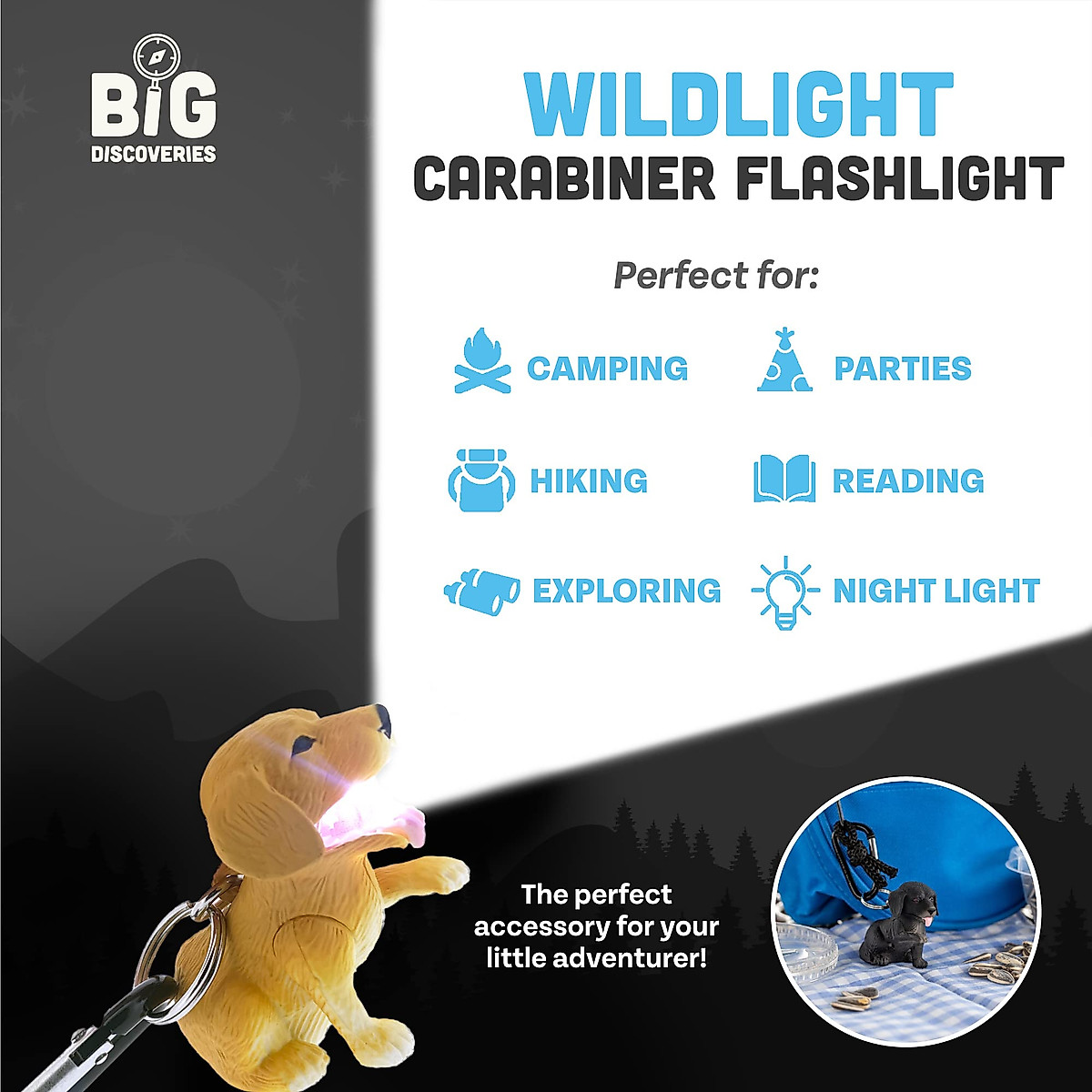 Big Discoveries WildLight Animal Carabiner Flashlight - Fun Mini Keychain Flash Lights for Kids, Nurses, Camping