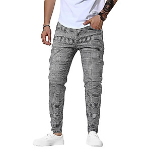 Woenzaia Men's Fashion Slim Fit Plaid Dress Pants Casual Skinny Chinos Pants Stretch Expandable Waist Golf Pants Checkered Travel Slacks(Dark Grey,32