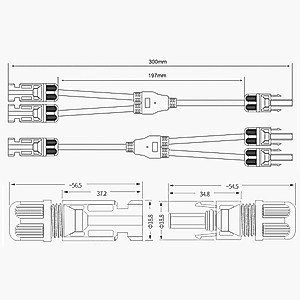 BAYM Solar Panel Y Branch 2 to 1 MMF + FFM Cable Connector Parallel Solar Wire Connector Y-Type Y3 Coupler Combiner(1 Pair)