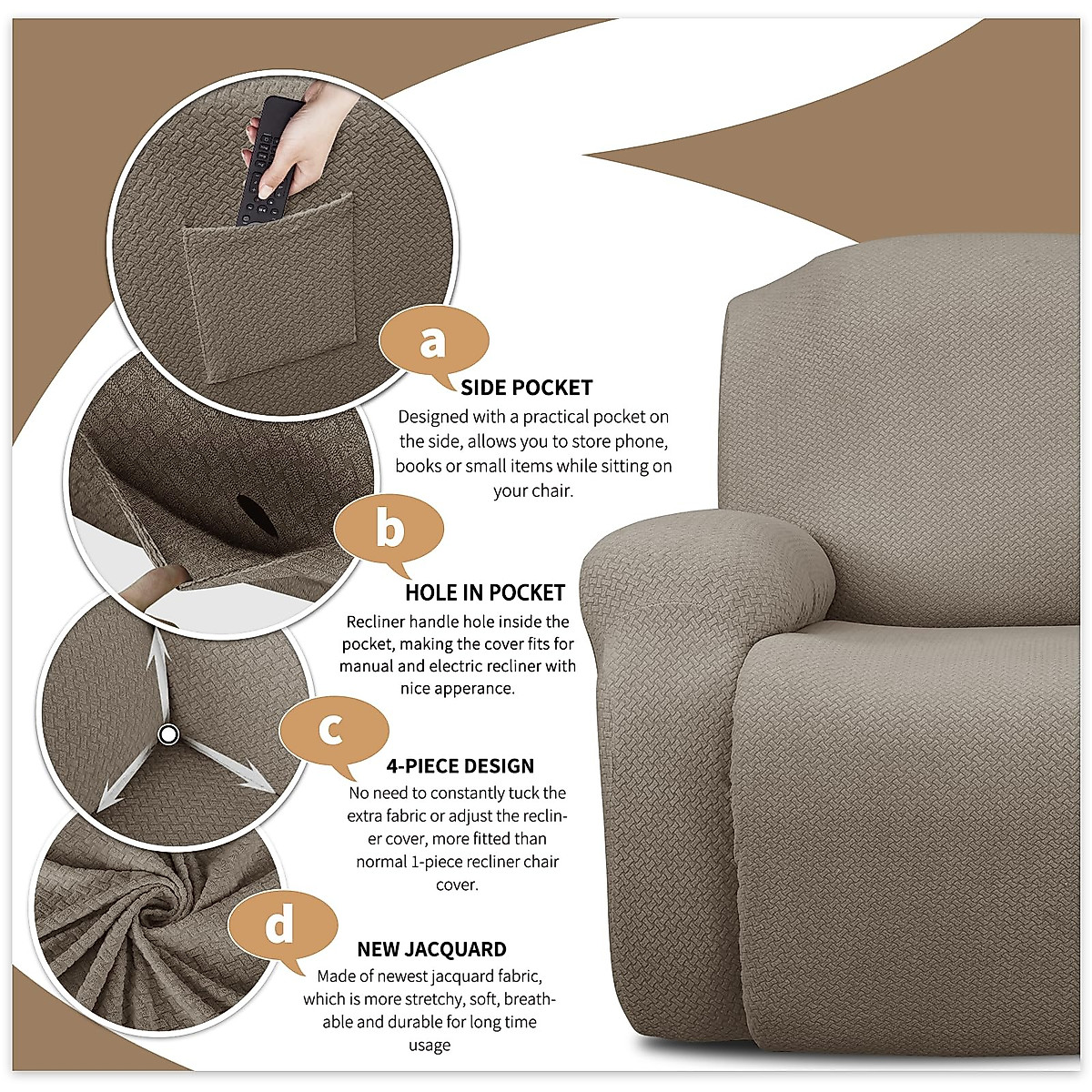 JIVINER 4-Piece Recliner Chair Covers Stretch Jacquard Covers for Recliner Chair Recliner Slipcovers for Living Room Soft Recliner Protector with Pocket (Recliner, Khaki)