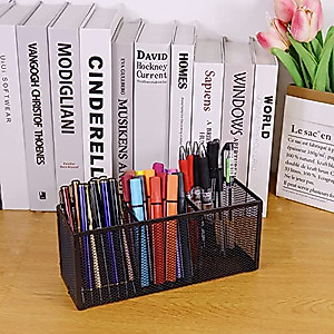 Flytreal Black Mesh Pen Pencil Holder, Small Metal Desk Organizer Desktop Stationery Office Supplies Acessories Storage Stand, 3 Compartments Brushes Holder for Home School Classroom Teachers