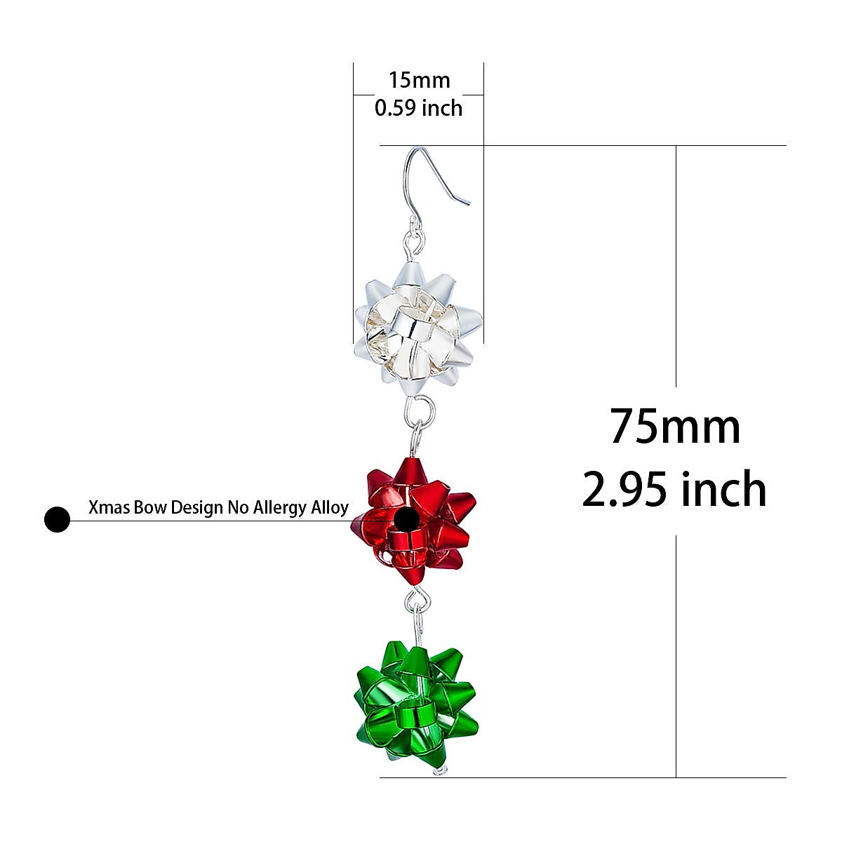 Christmas Bows Flower Piercing Dangle Earrings Red Green White Silver Plated Women Holiday