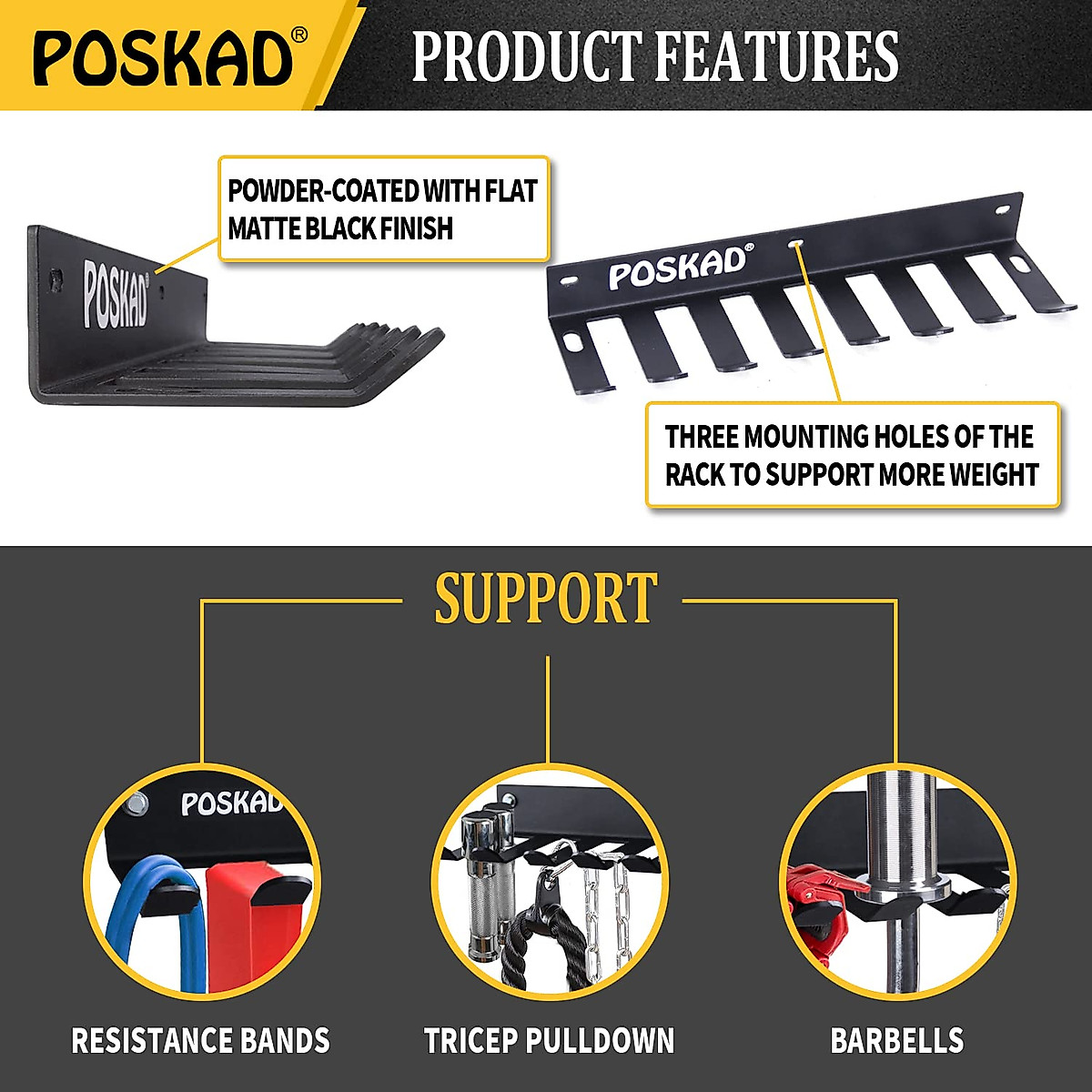 Poskad Gym Storage Rack,8 Hook Heavy-Duty Steel Gym Organizer Wall Mount Hanger for Home and Pro, Gym Accessory Storage Resistance Bands,Jump Ropes,Lifting Belt,Barbells. (16''-8 Hooks)