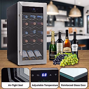 NutriChef 18 Bottle Compressor Wine Cooler Refrigerator | Large Freestanding Wine Cellar For Red, White, Champagne or Sparkling Wine | 41f-64f Digital Temperature Control Fridge Glass Door Black