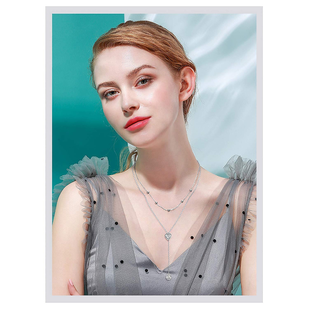 FLYOW S925 Sterling Silver Double Layered Necklace Teardrop CZ Choker Y Lariat Necklace Christmas Birthday Gifts for Women Wife Fiancée