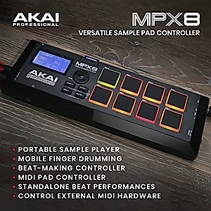 AKAI Professional MPX8 - Portable Sample Pad Controller With 8 Performance-Ready Velocity-Sensitive Pads, MIDI Connectivity & On-Board SD Card Slot
