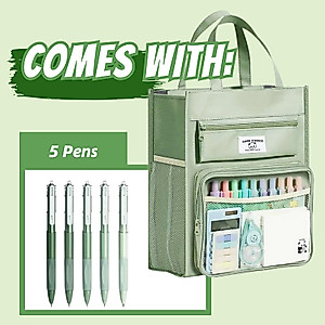 SIORTIO Canvas Tote Bag Cute Panda Print Multipocket Handbag with Compartments + 5 Pens (1-Green)