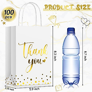 Tinlade 100 Pcs Thank You Gift Bags Bulk Paper Gold Thank You Wedding Bags with Handle for Business, Shopping, Wedding, Baby Shower, Party Favors (White)